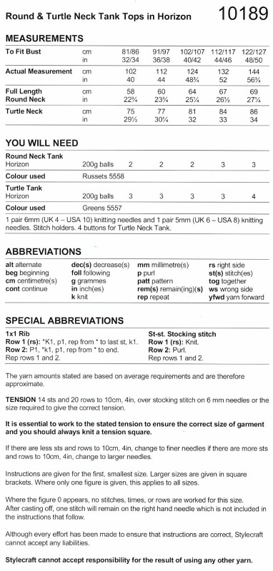 Stylecraft Round and Turtle Neck Tank Tops Pattern 10189 - The Cheap ...